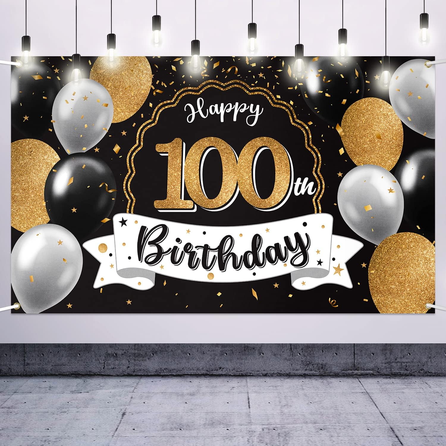 Happy 100th Birthday Decoration Banner,100th Black & Gold Balloon Large ...