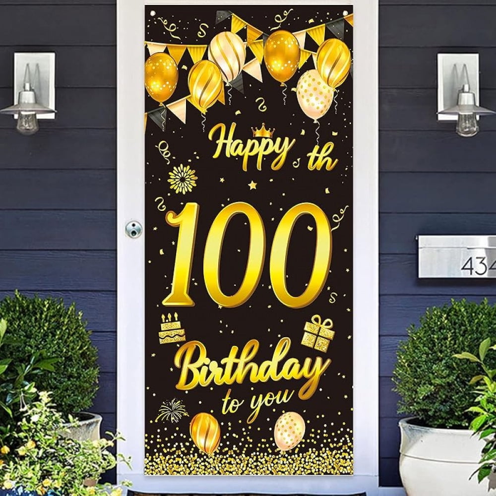Happy 100th Birthday to You Door Banner Backdrop Black Gold Sign Theme ...
