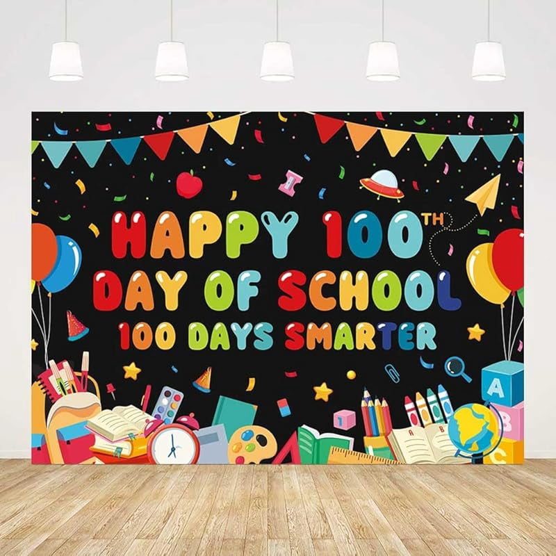 Happy 100th Day of School Backdrop White 100 Days Smarter Photography ...