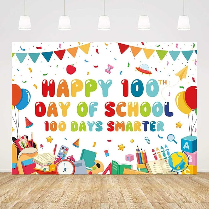 Happy 100th Day of School Backdrop White 100 Days Smarter Photography ...
