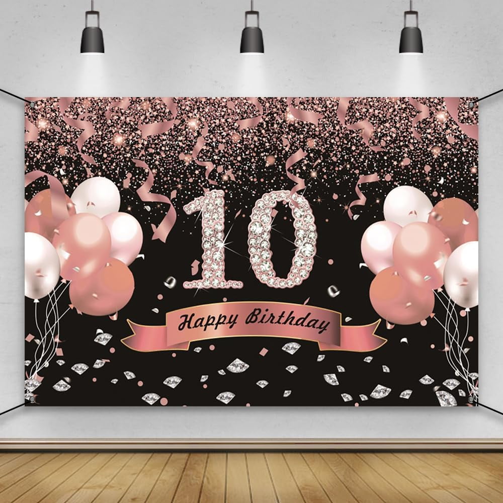Happy 10th Birthday Backdrop Banner, Rose Gold 10th Birthday Backdrop ...