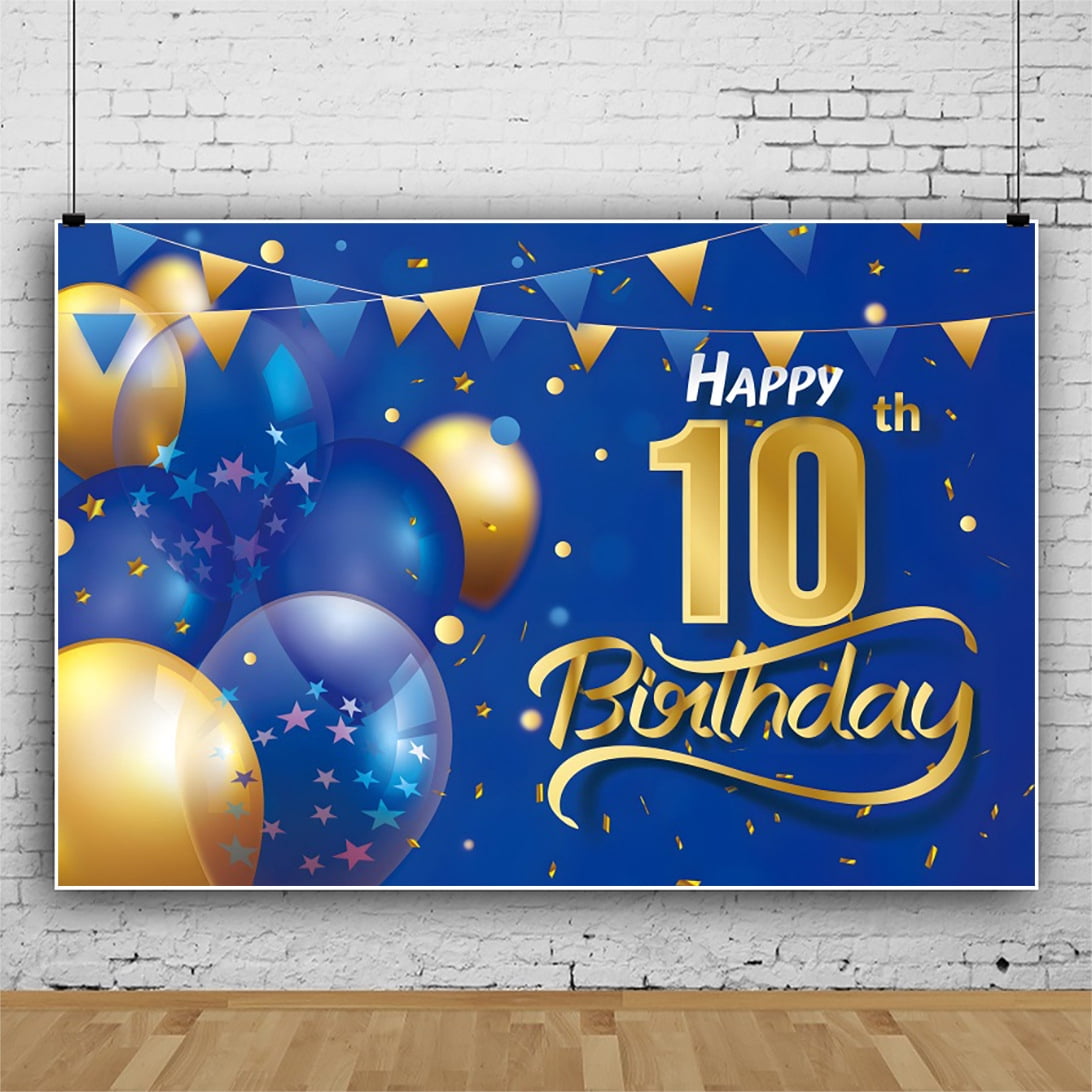 Happy 10th Birthday Backdrop Blue Gold Balloon Flag Photography ...