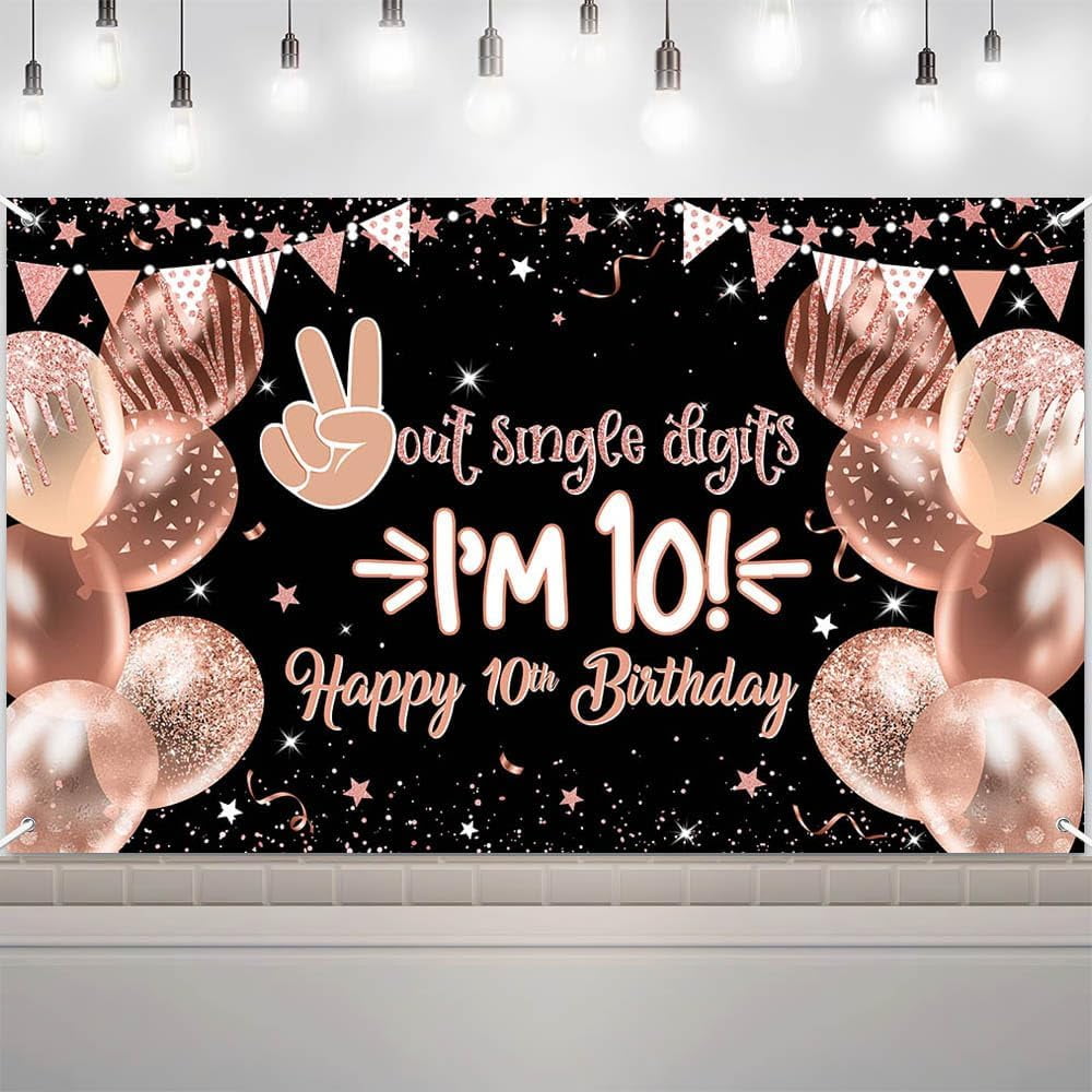 Happy 10th Birthday Backdrop Pink Rose Gold Double Digits 10 Years Old ...