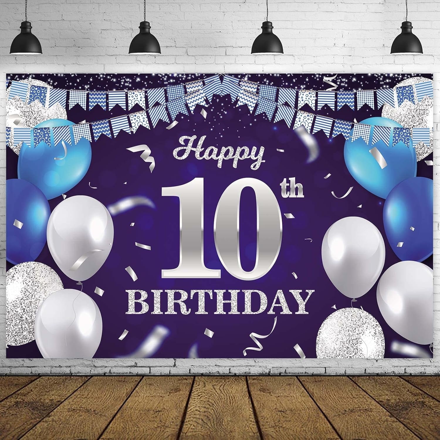 Happy 10th Birthday Banner Backdrop Blue Balloons Confetti Stripe Flag ...