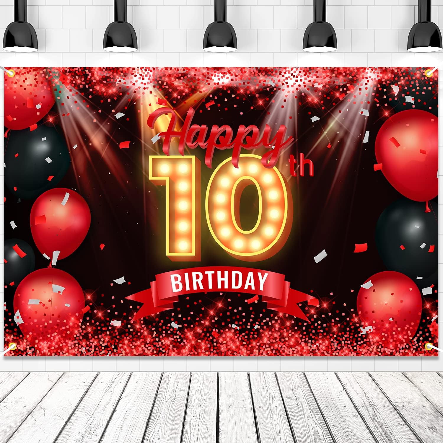 Happy 10th Birthday Banner Backdrop Red and Black Background Bday ...