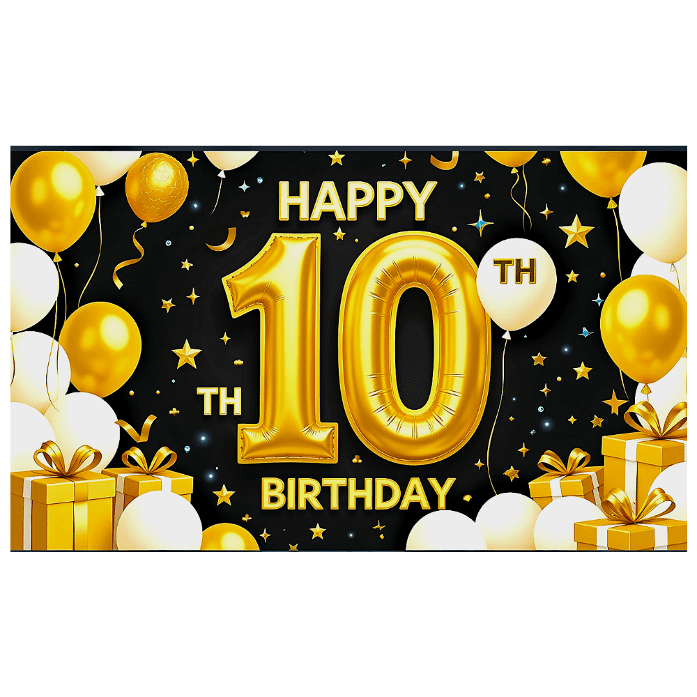 Happy 10th Birthday Banner with Gold Balloons Star Decors and Gift ...