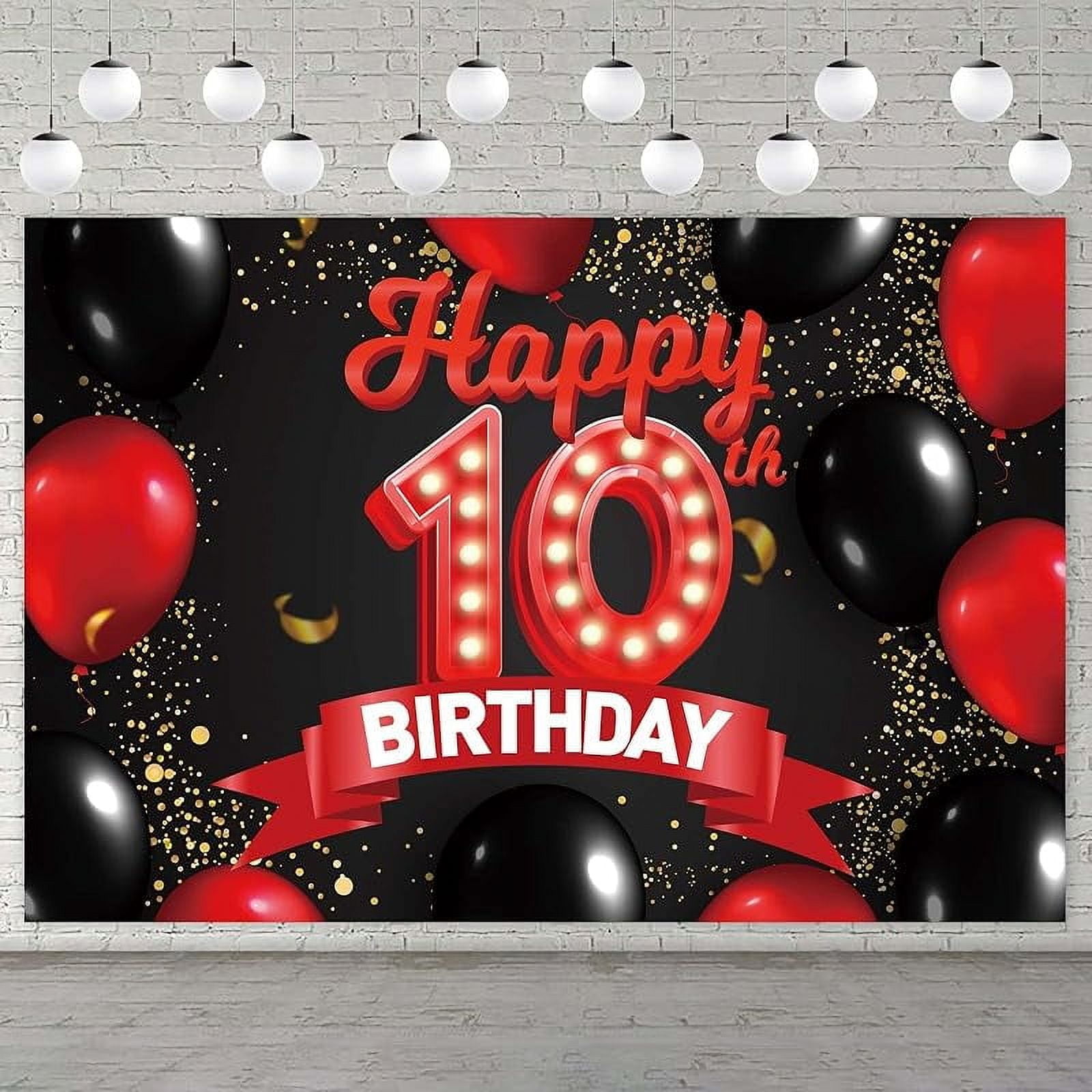 Happy 10th Birthday Red and Black Banner Backdrop Decorations Balloons ...