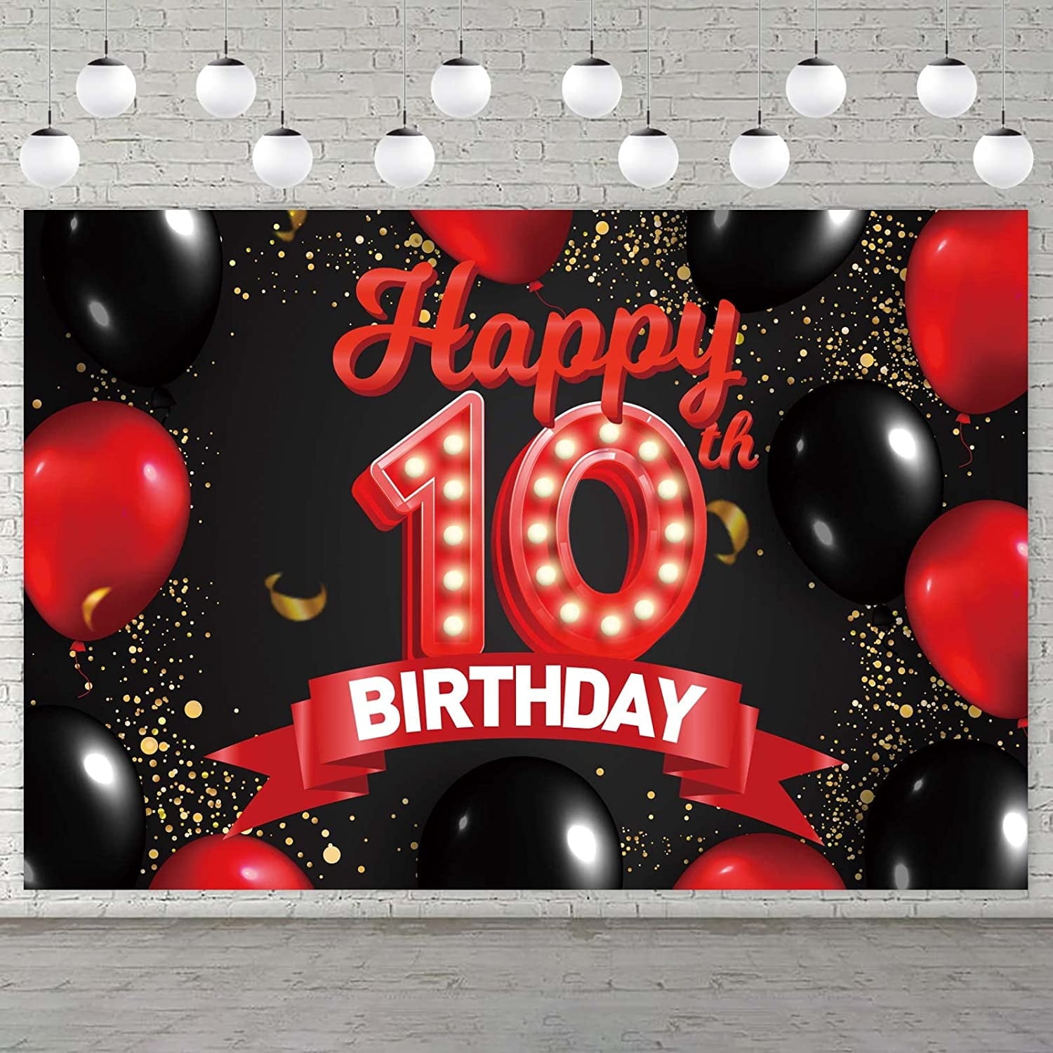 Happy 10th Birthday Red and Black Banner Backdrop Decorations Balloons ...