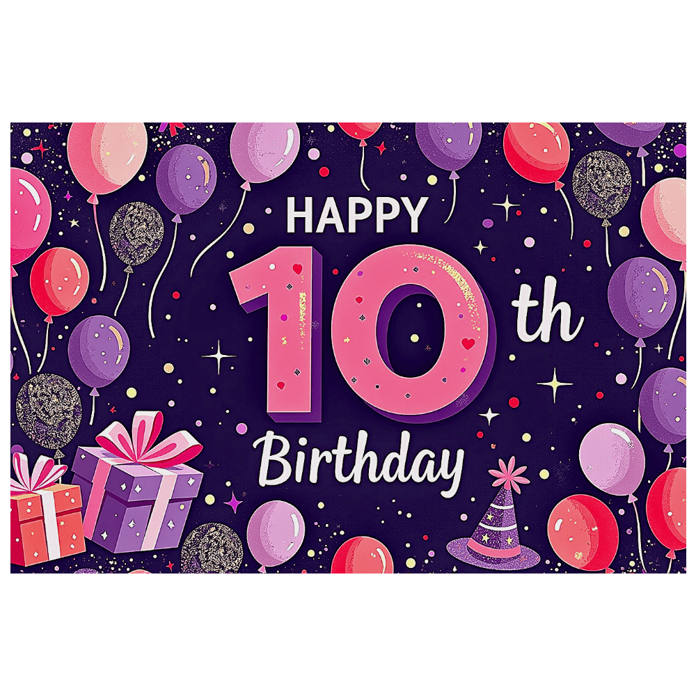 Happy 10th Birthday Themed Backdrop Banner with Balloons Stars Party ...