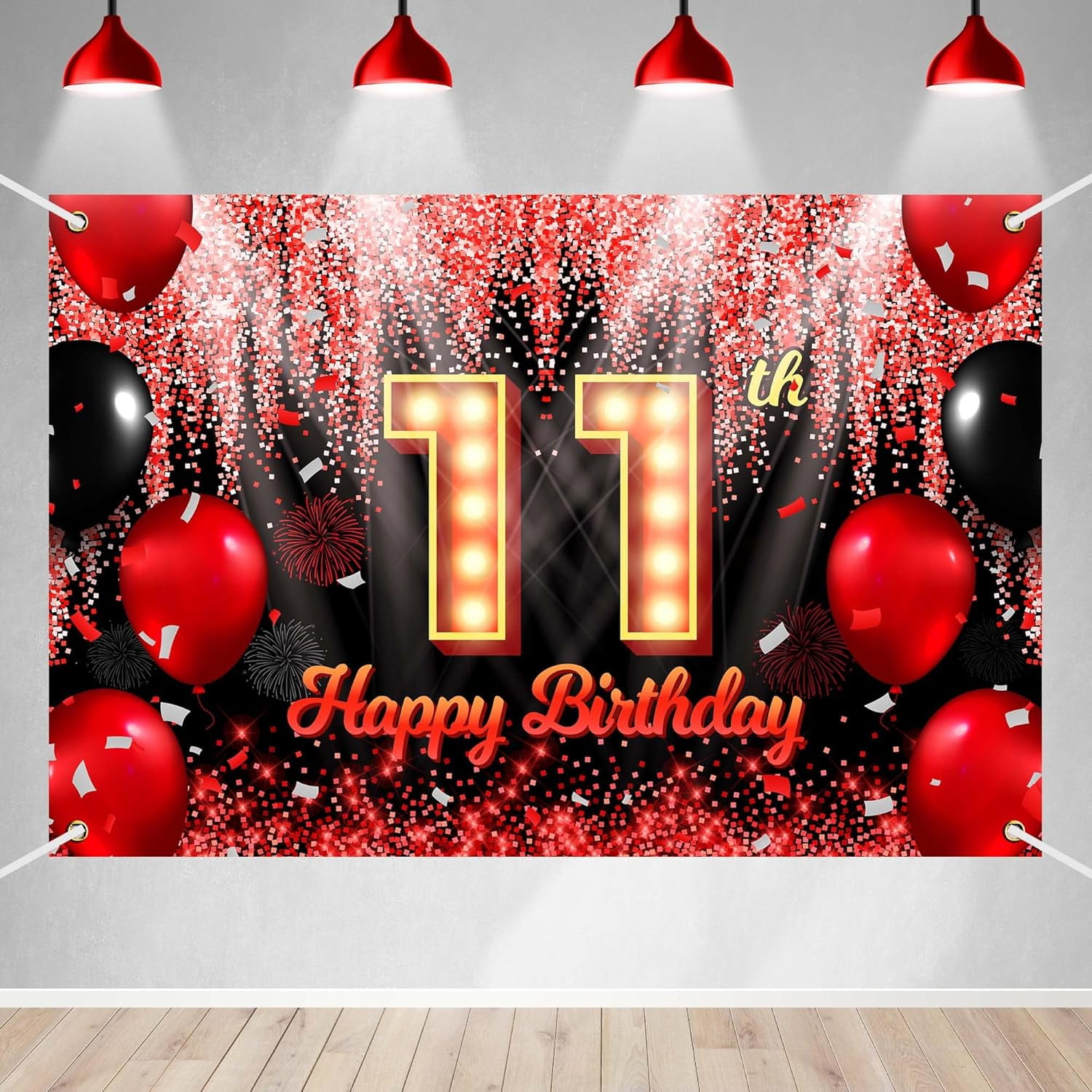 Happy 11th Birthday Backdrop Banner Black and Red Theme Background with ...