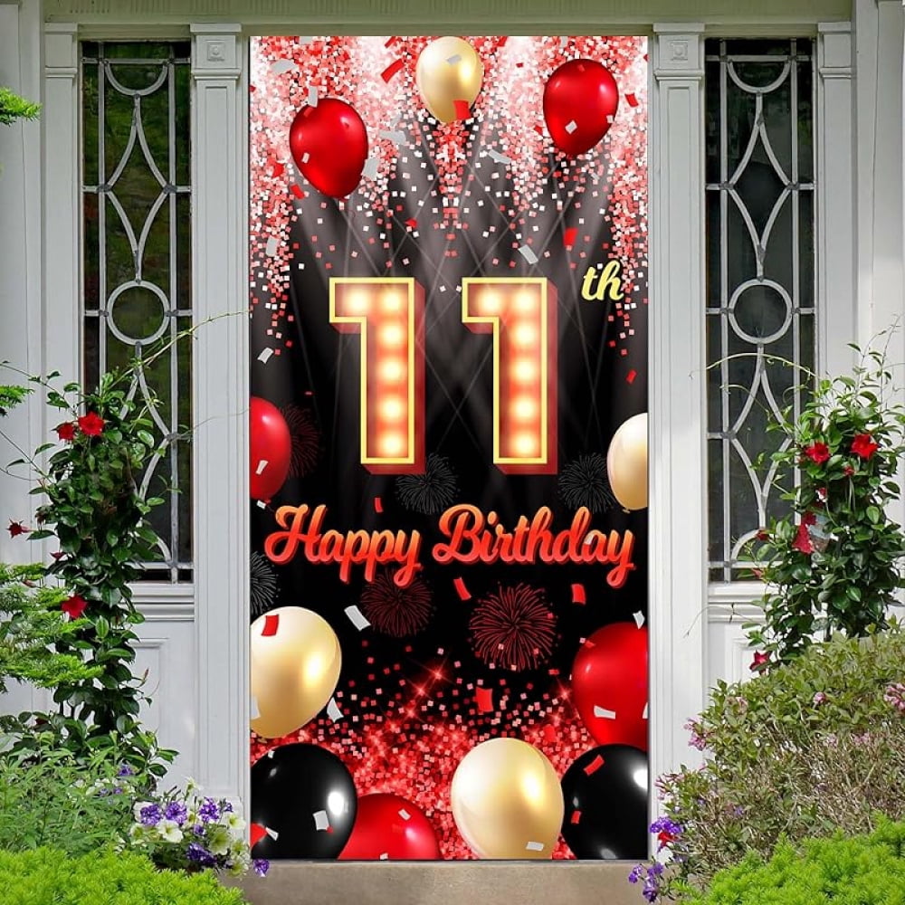 Happy 11th Birthday Backdrop Banner Black and Red Theme Background with ...