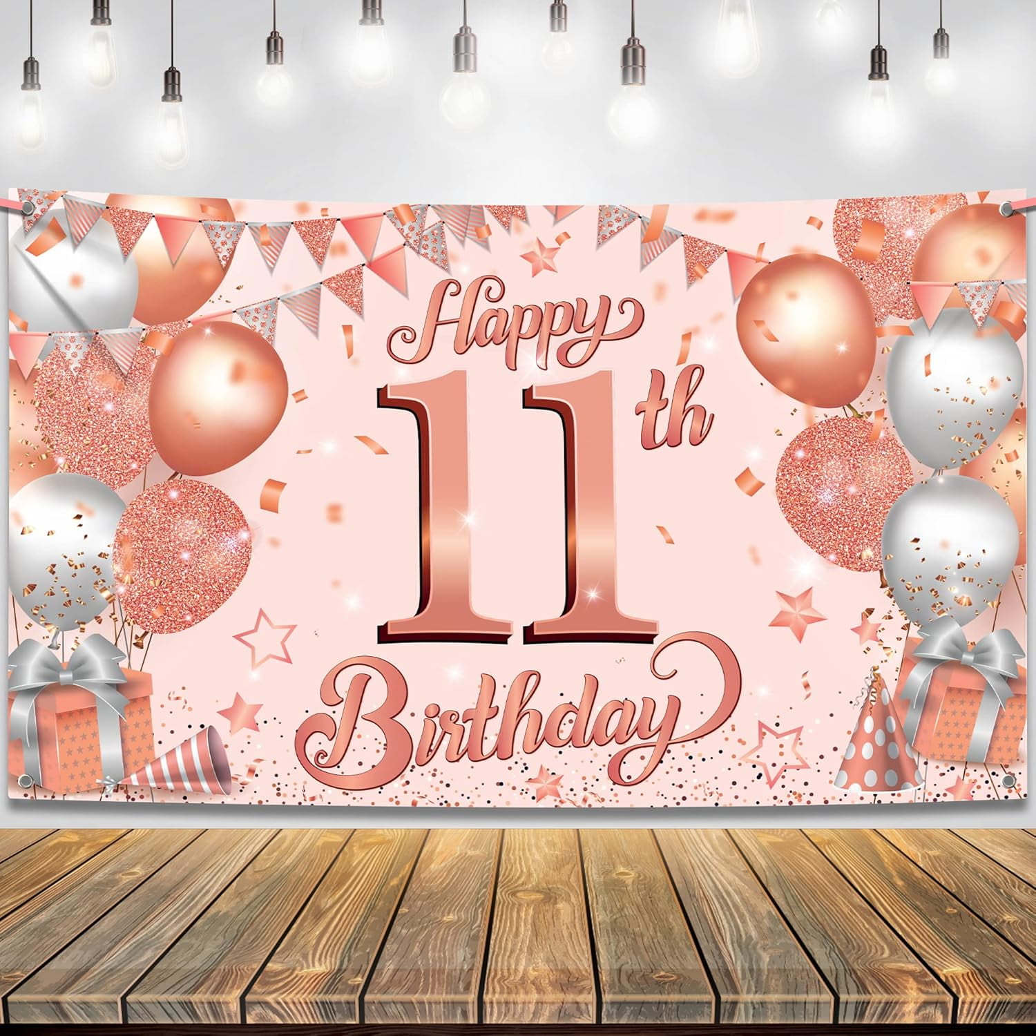 Happy 11th Birthday Backdrop, Rose Gold Happy 11th Birthday Banner ...