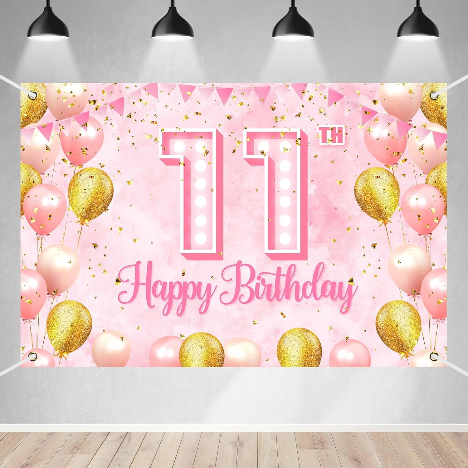 Happy 11th Birthday Banner Backdrop Pink Theme Rose Gold Balloons ...