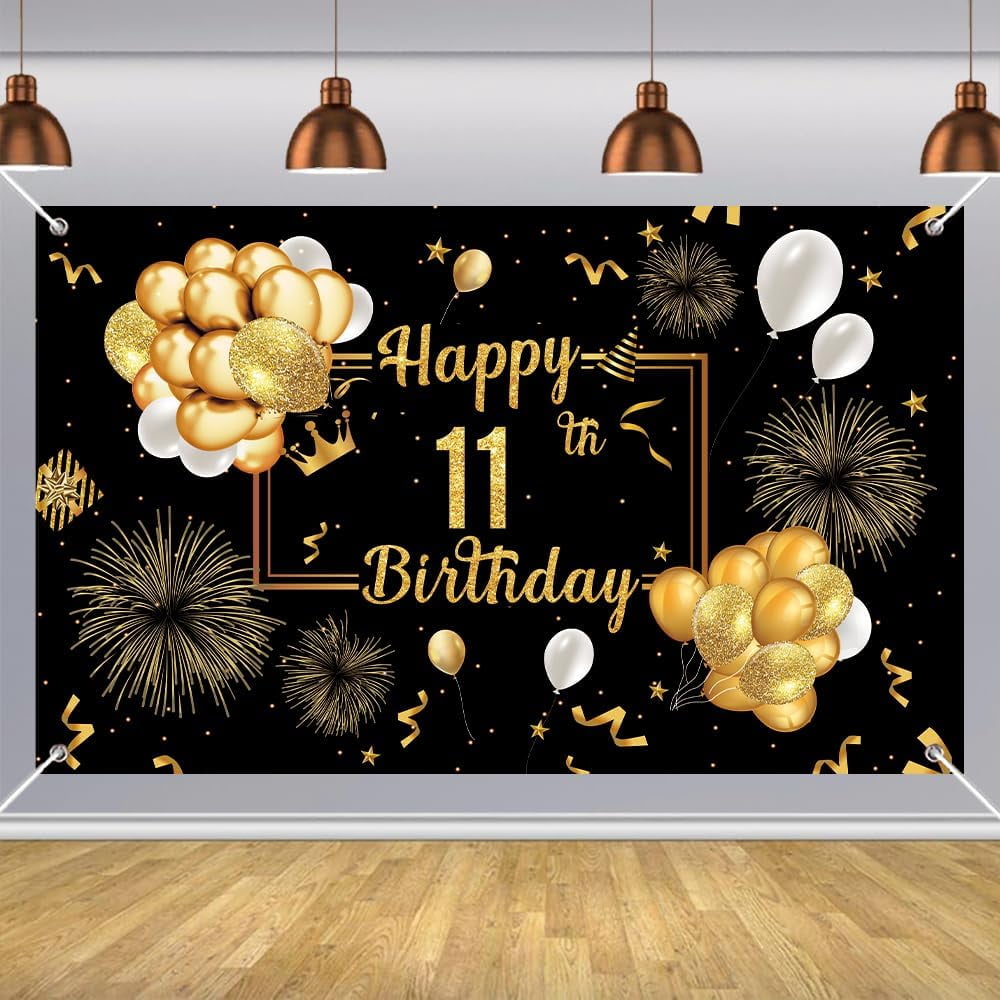 Happy 11th Birthday Banner - Black Gold Party Backdrop Sign for Women ...
