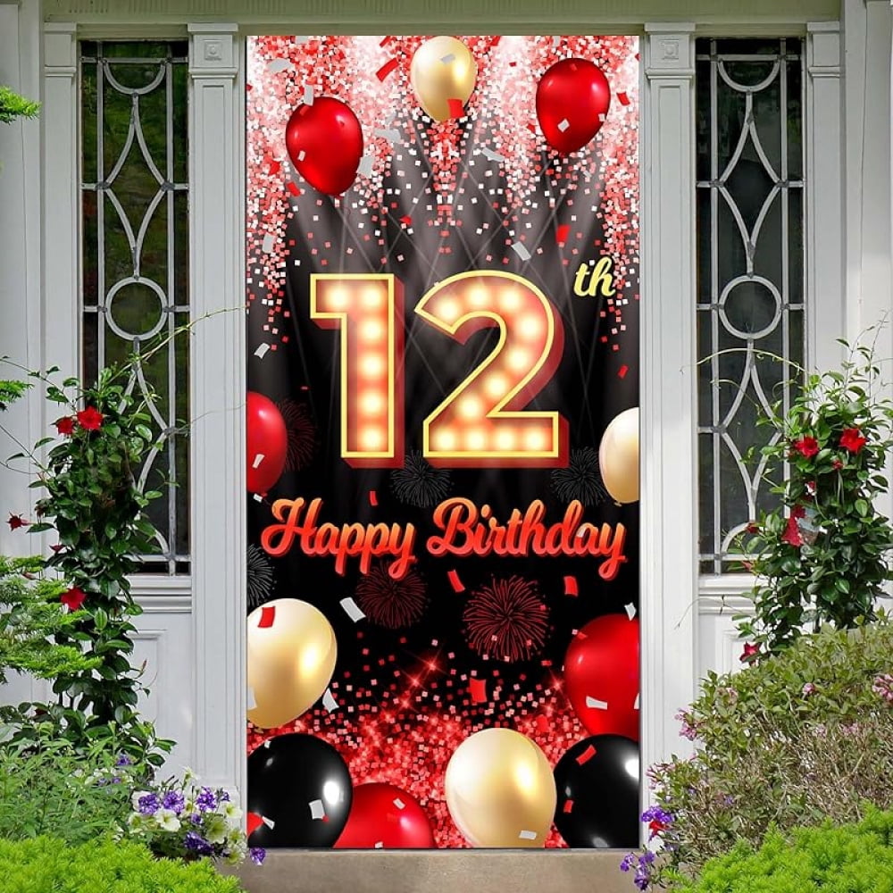 Happy 12th Birthday Backdrop Banner Black and Red Theme Background with ...