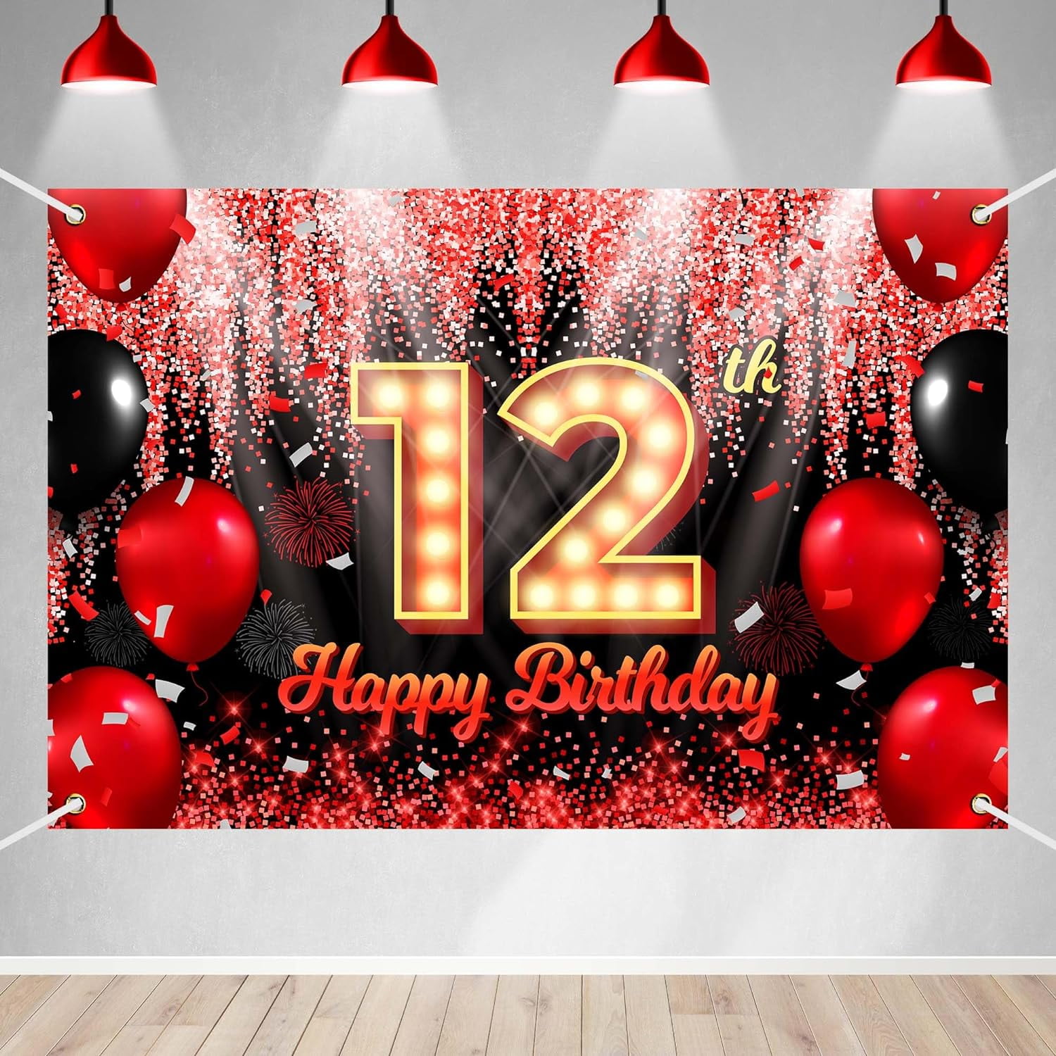 Happy 12th Birthday Backdrop Banner Black and Red Theme Background ...