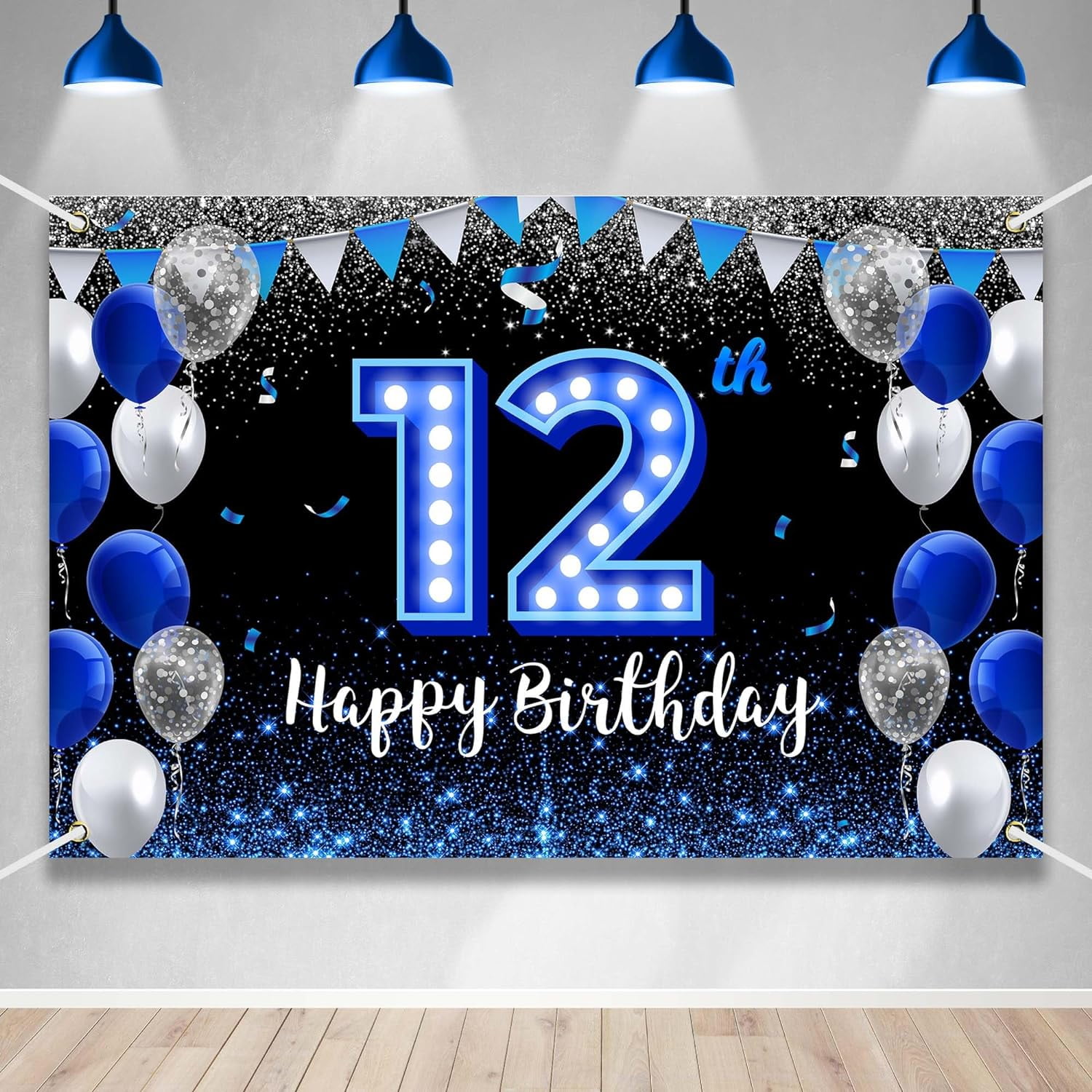 Happy 12th Birthday Backdrop Banner Blue Black Theme Background ...