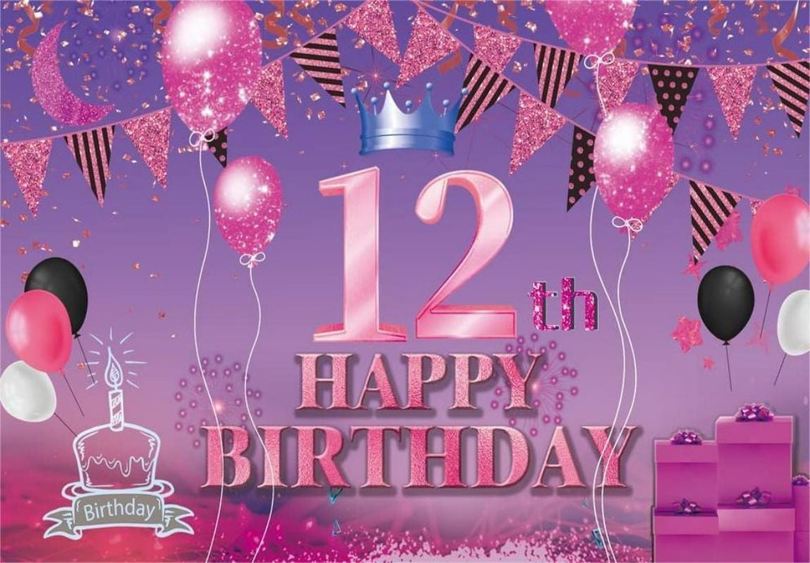 Happy 12th Birthday Backdrop Banner Pink Purple 12th Sign Anniversary ...