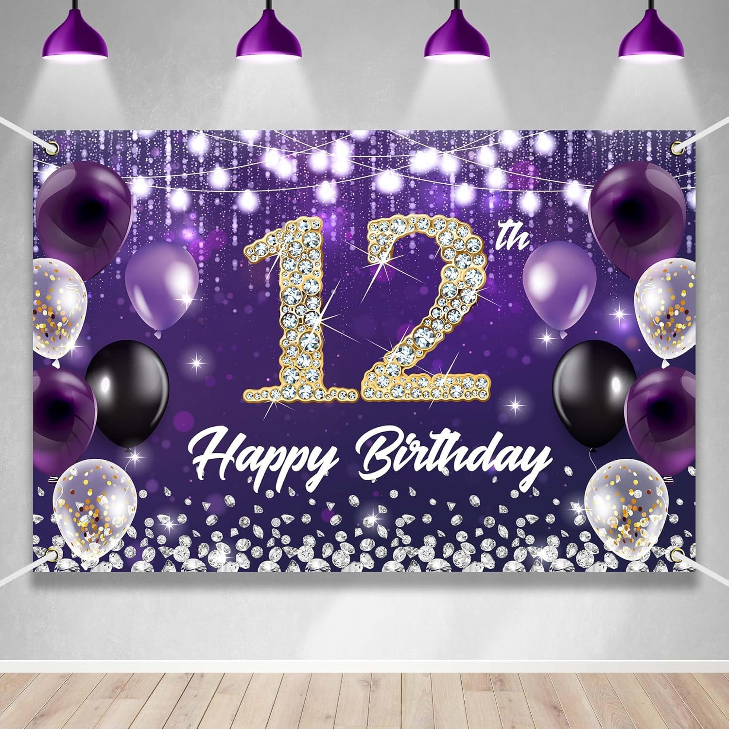 Happy 12th Birthday Backdrop Banner Purple Theme Background Noble ...