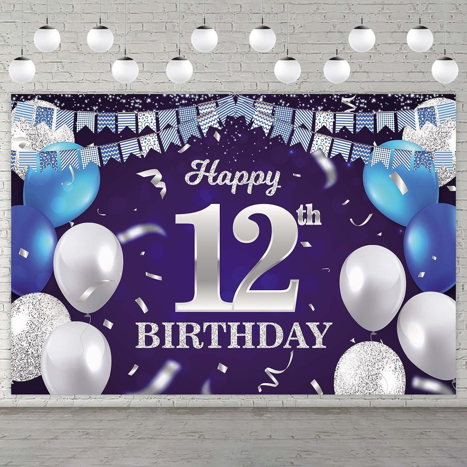 Happy 12th Birthday Banner Backdrop Blue Balloons Confetti Stripe Flag ...