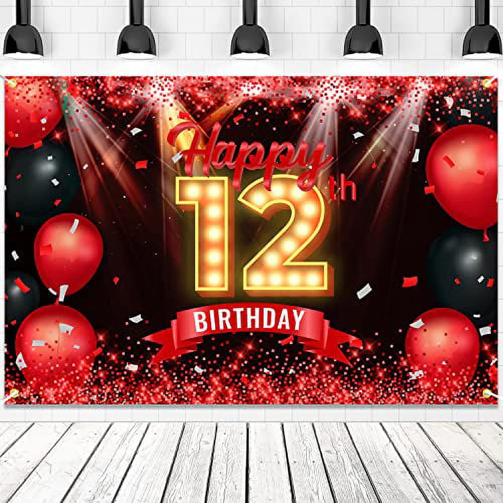 Happy 12th Birthday Banner Backdrop Red and Black 12 Years Old ...