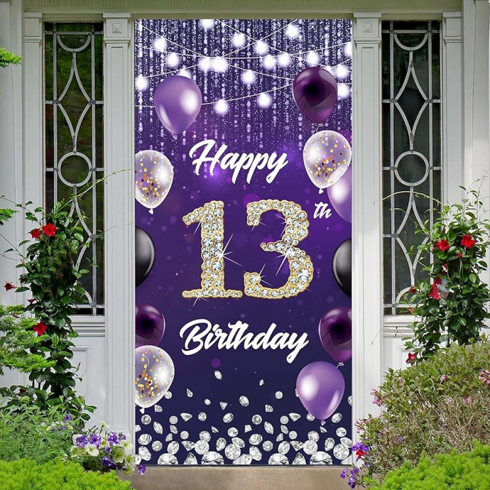 Happy 13th Birthday Backdrop Banner Purple Theme Background with Shiny ...