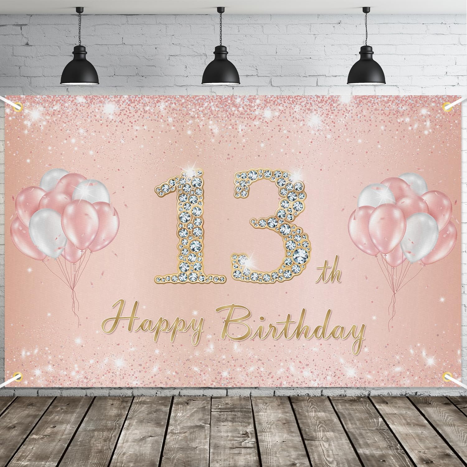 Happy 13th Birthday Banner, Pink Rose Gold Happy 13th Birthday Party ...