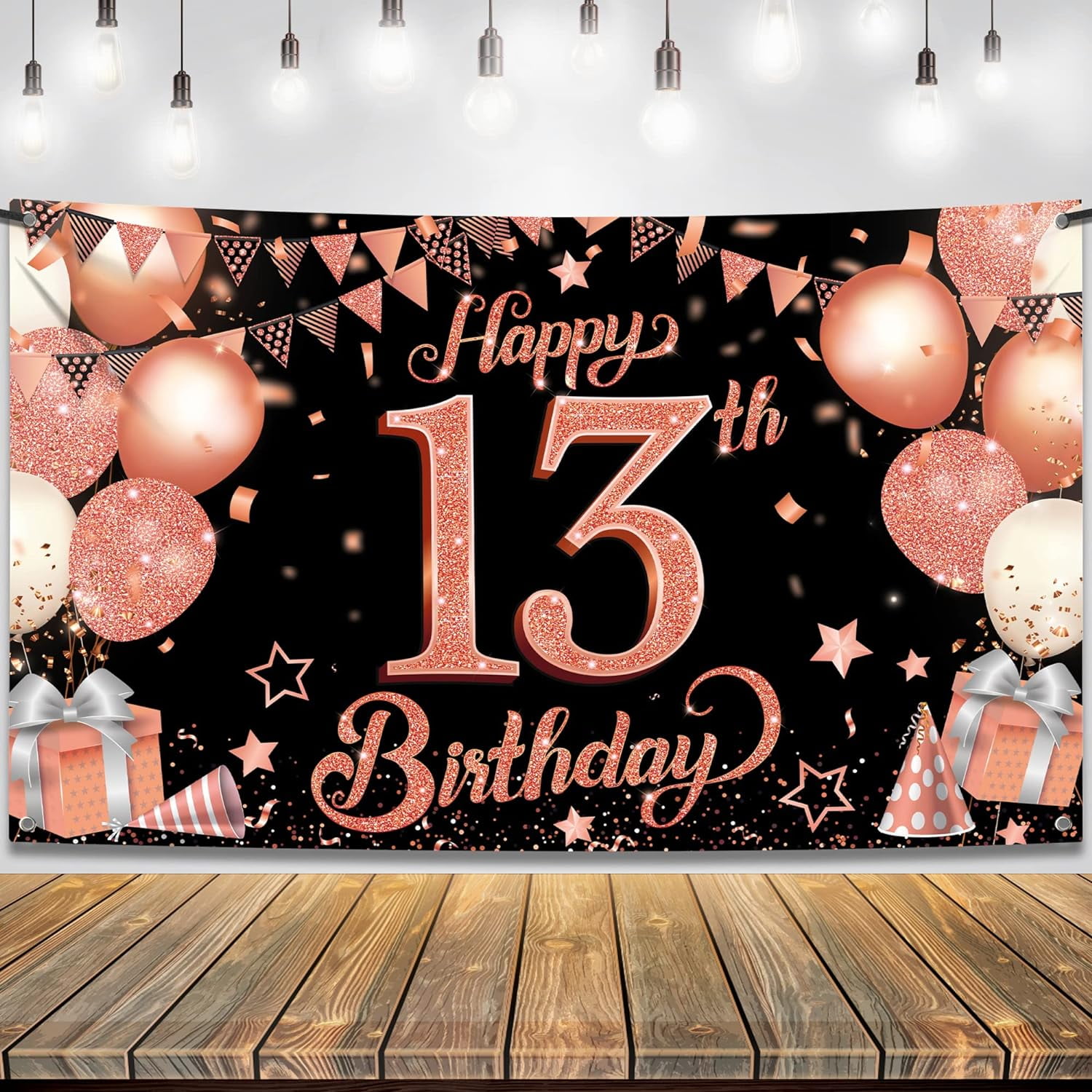 Happy 13th Birthday Banner, Rose Gold and Black Happy 13th Birthday ...