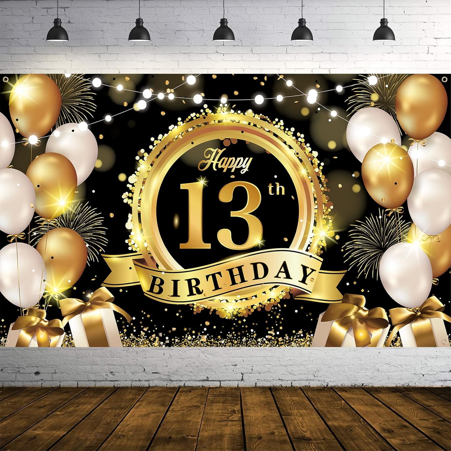 Happy 13th Birthday Decoration Backdrop Banner Black Gold Extra Large ...