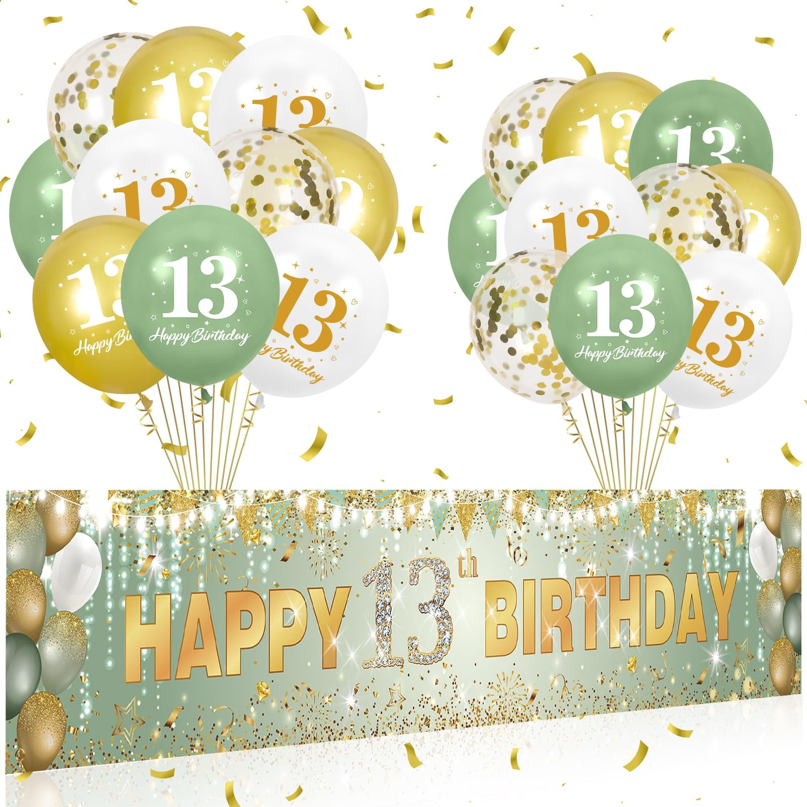 Happy 13th Birthday Decorations for Girls AFN1- Sage Green & Gold 13th ...