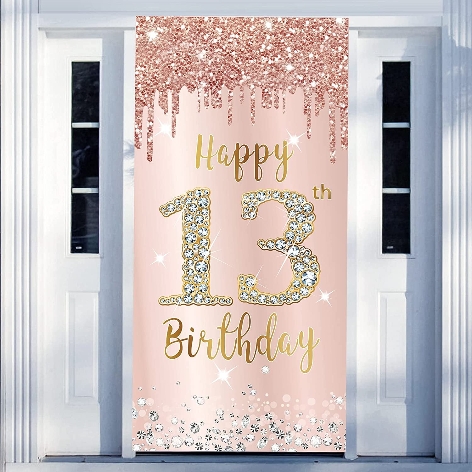 Happy 13th Birthday Door Banner Backdrop Decorations for Girls, Pink ...