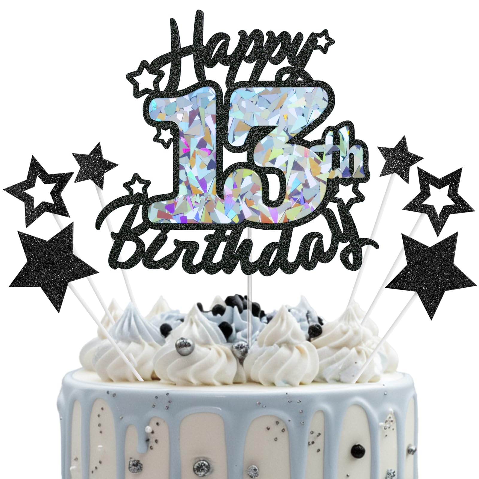 Happy 13th BirthdayTRDN Cake Topper, Black Glitter and Gem Patterns ...