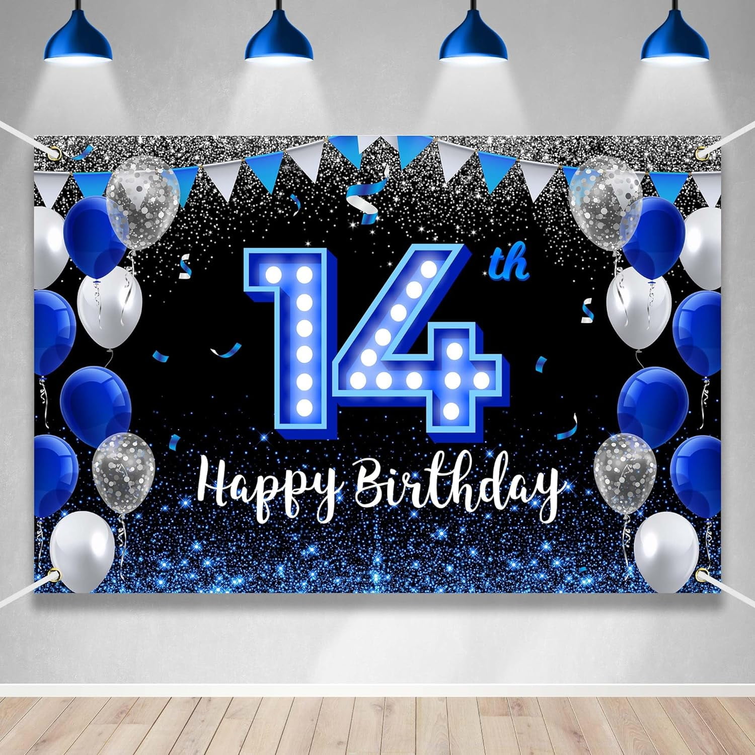 Happy 14th Birthday Backdrop Banner Blue Black Theme Background With ...