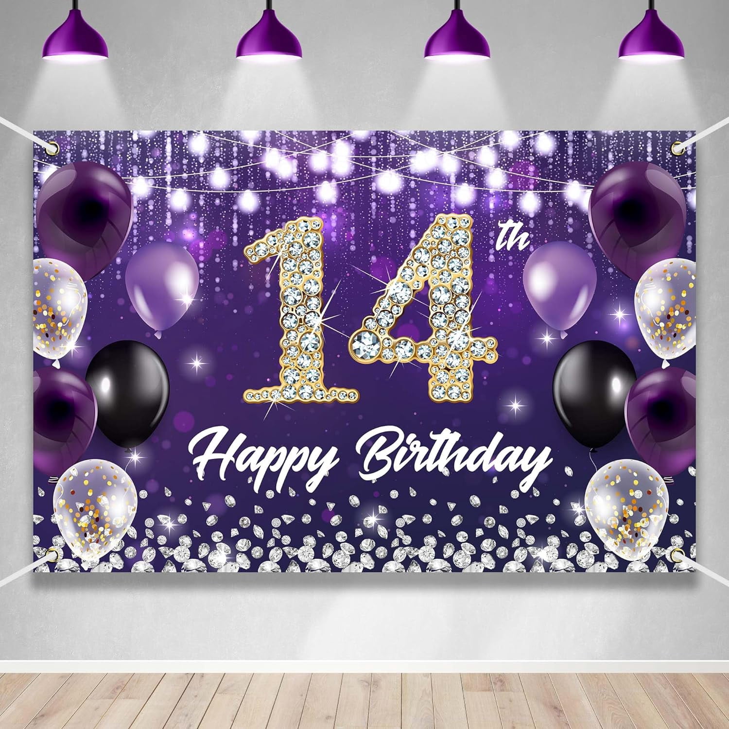 Happy 14th Birthday Backdrop Banner Purple Theme Background with Shiny ...