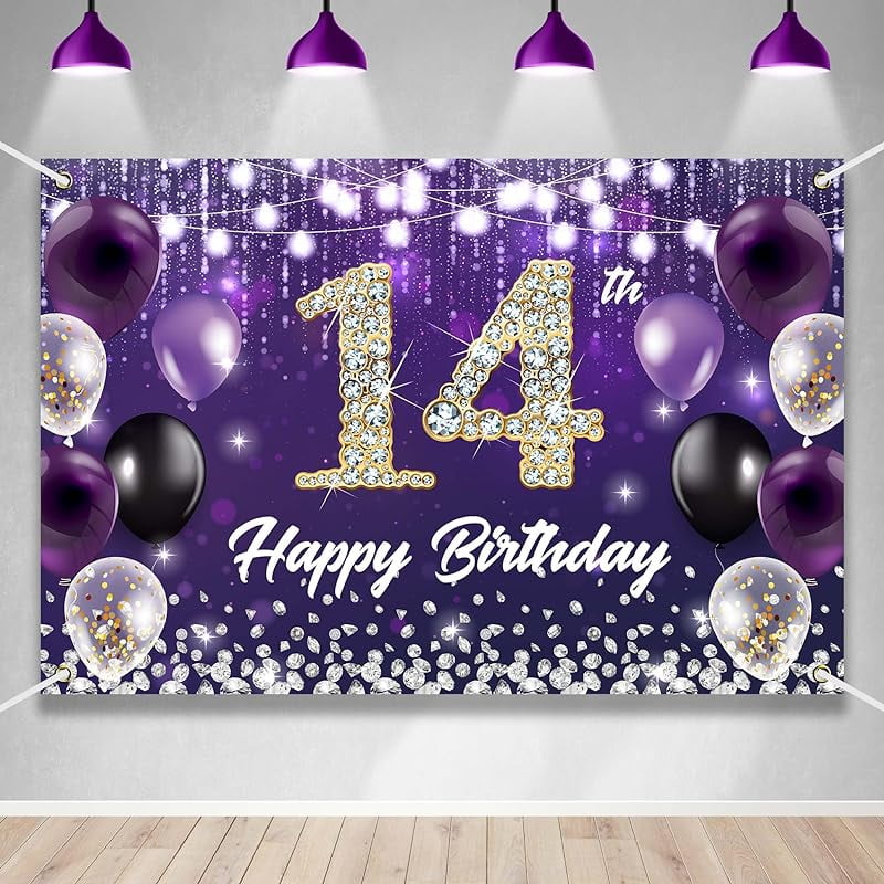 Happy 14th Birthday Backdrop Banner Purple Theme Background with Shiny ...