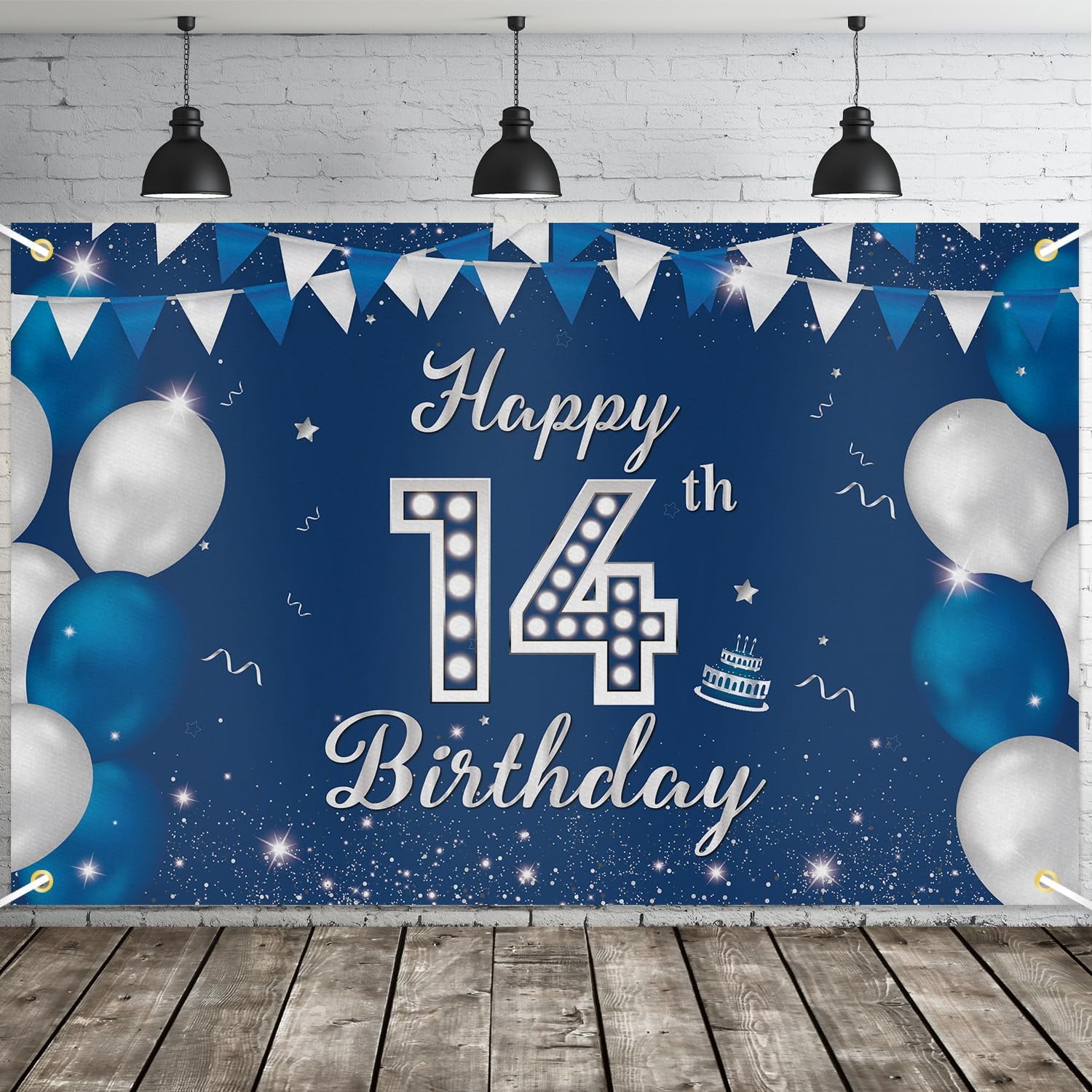 Happy 14th Birthday Banner, Blue Silver Happy 14th Birthday Party ...