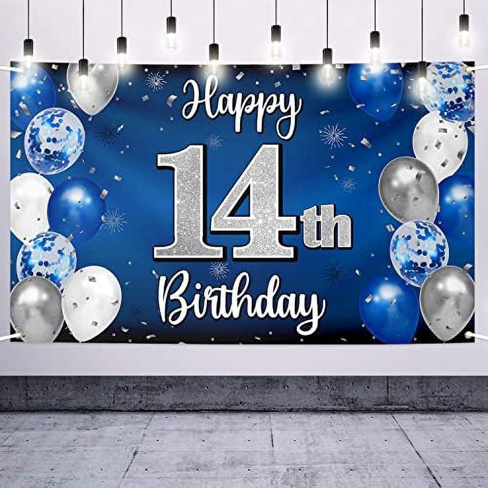 Happy 14th Birthday Decorations,14th Blue & Silver Balloon Large ...