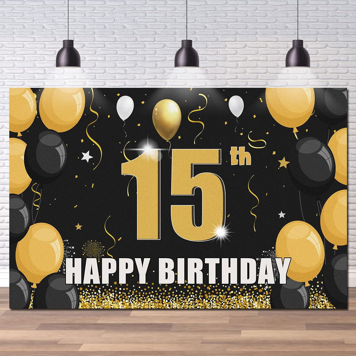 Happy 15th Birthday Backdrop Banner Black and Gold 15th Birthday Poster ...