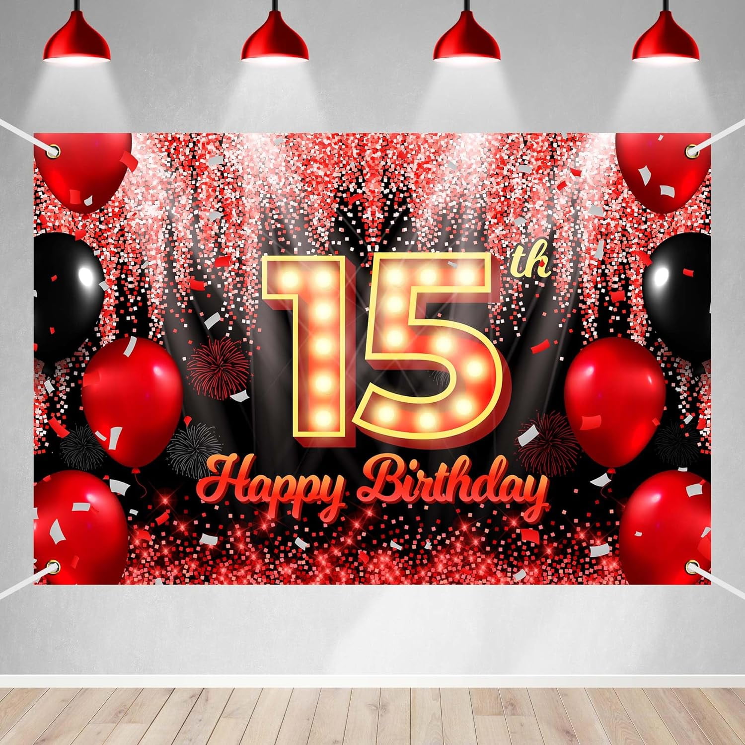 Happy 15th Birthday Backdrop Banner Black and Red Theme Background ...