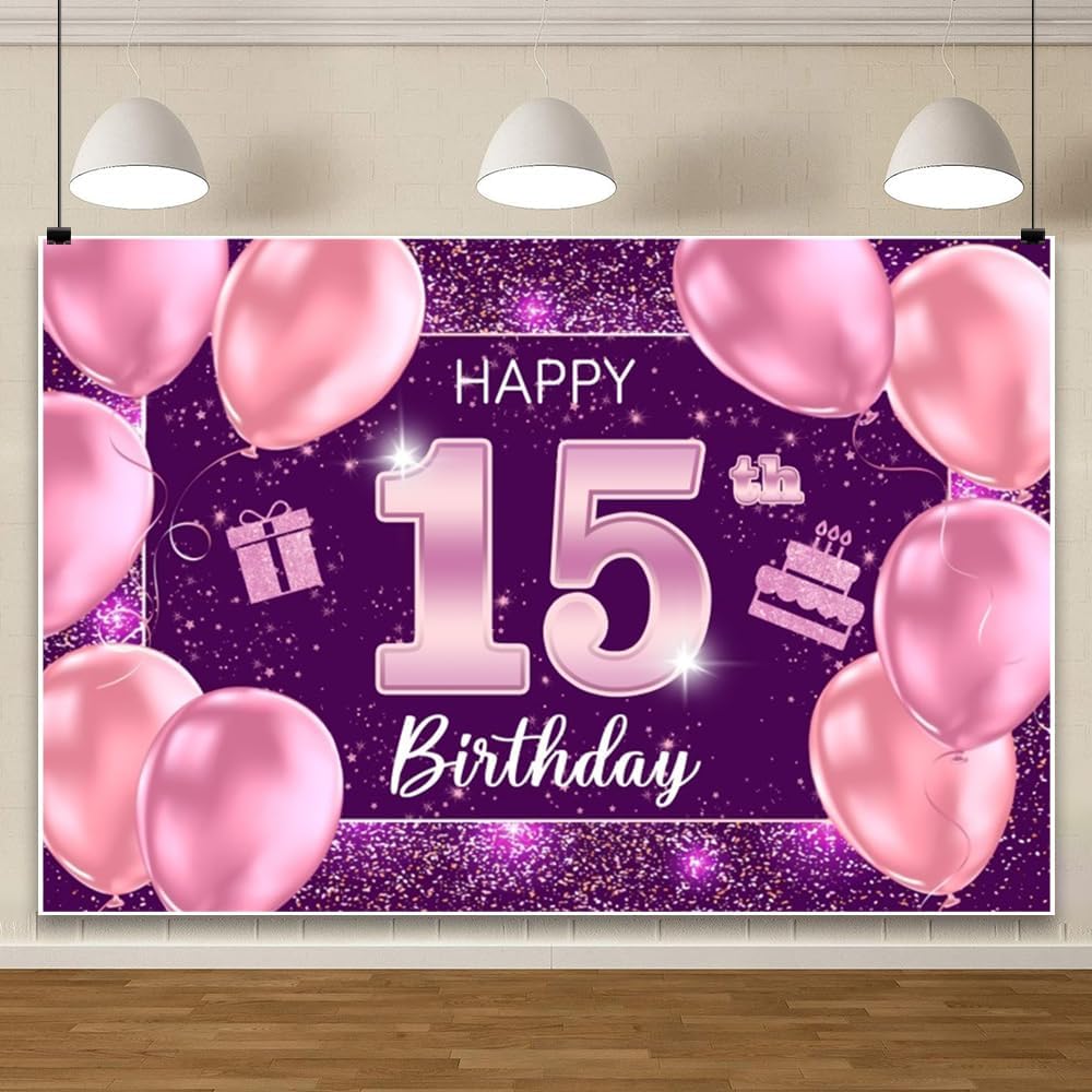 Happy 15th Birthday Backdrop Purple Bokeh Spots Pink Ballons Birthday Party Decorations ...