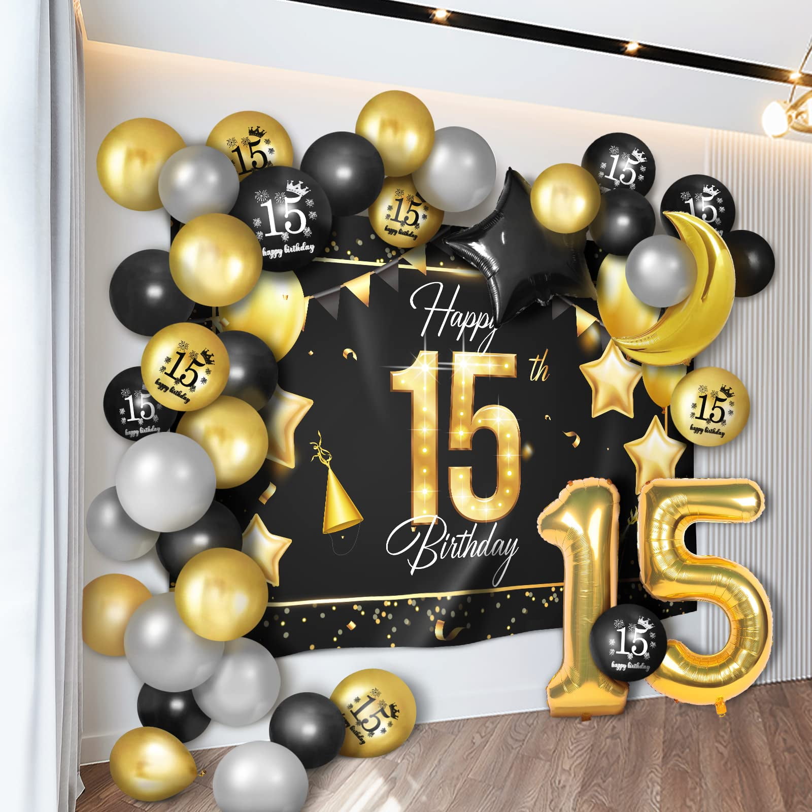 Happy 15th Birthday Balloons STF9 Gold Set Decor - Cheers to 15 Years ...