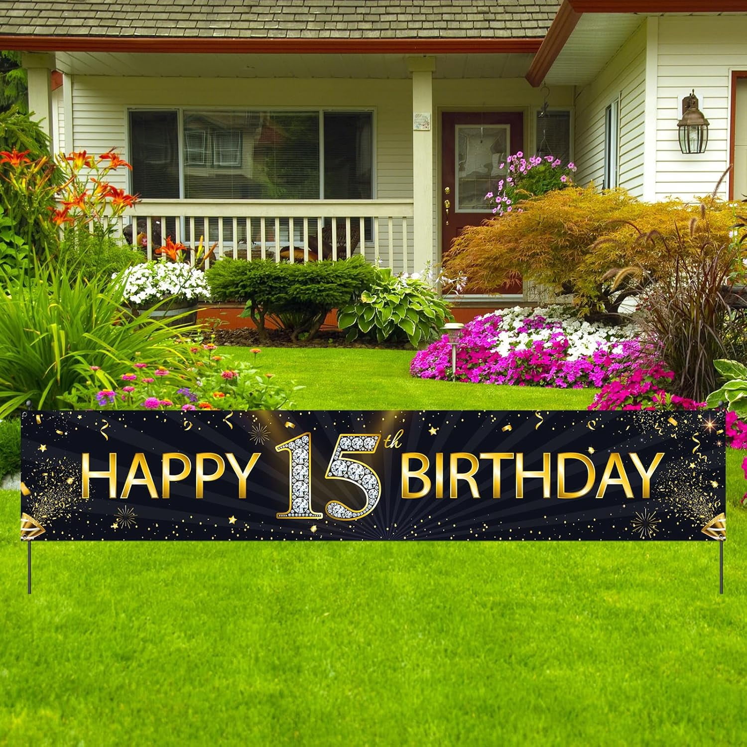 Happy 15th Birthday Banner 18 X 98 inch Polyester Cloth Black Gold 15th ...
