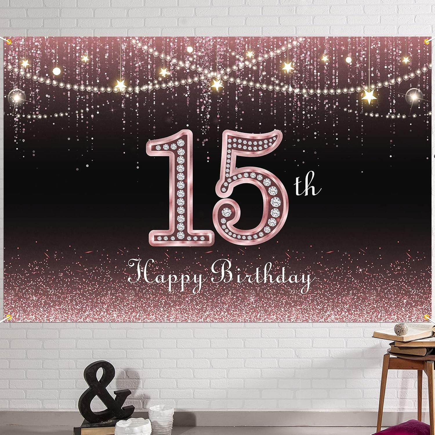 Happy 15th Birthday Banner Backdrop - 15 Years Old Birthday Decorations ...