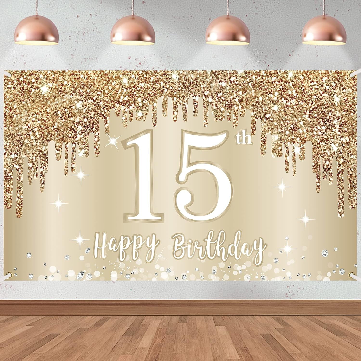 Happy 15th Birthday Banner Backdrop Decorations for Girls, Gold White ...