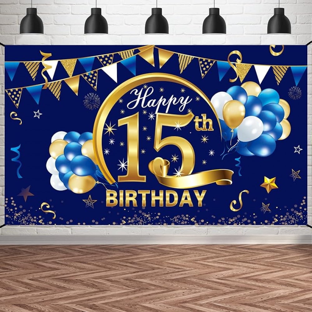 Happy 15th Birthday Banner Decorations for Boy - Blue Gold 15 Birthday ...