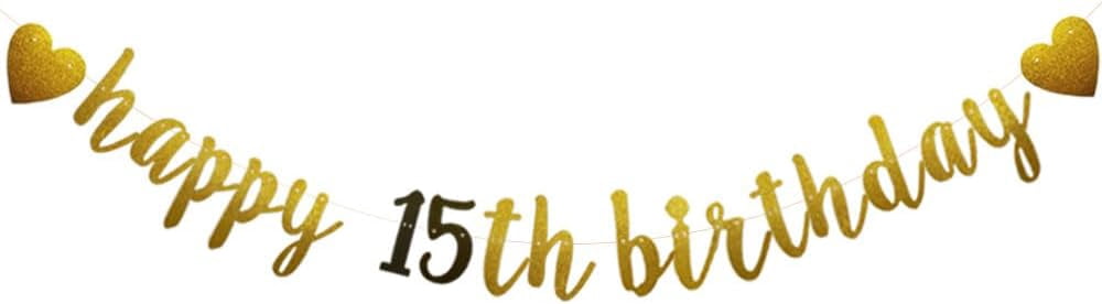 Happy 15th Birthday Banner, Pre-Strung,Gold and Black Glitter Paper ...