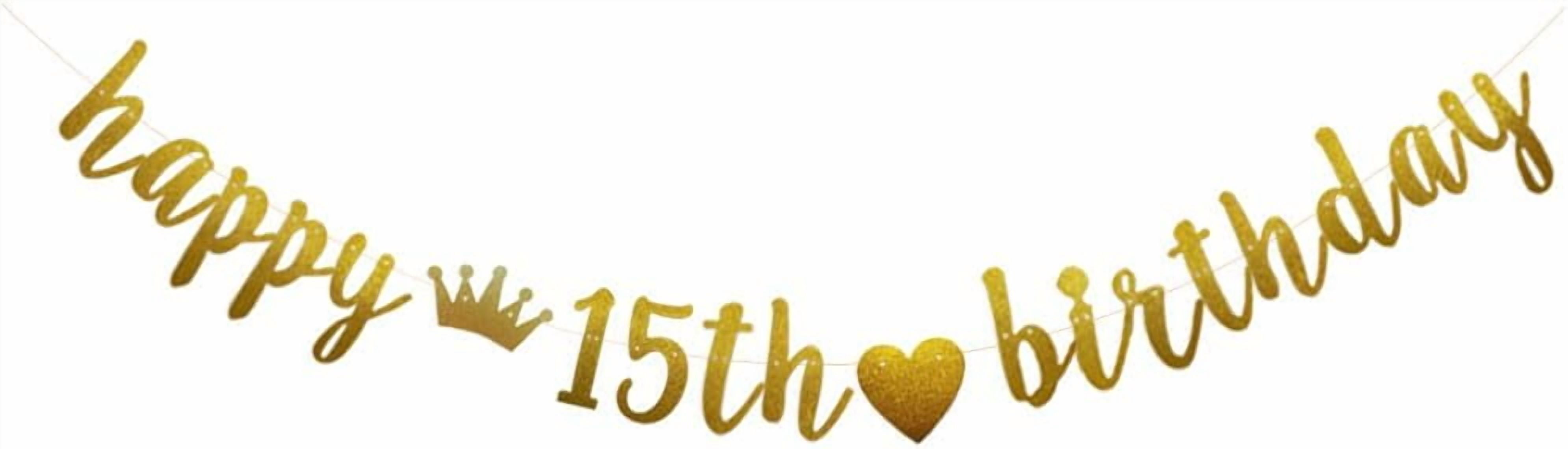 Happy 15th Birthday Banner, Pre-Strung,Gold Glitter Paper Garlands for ...