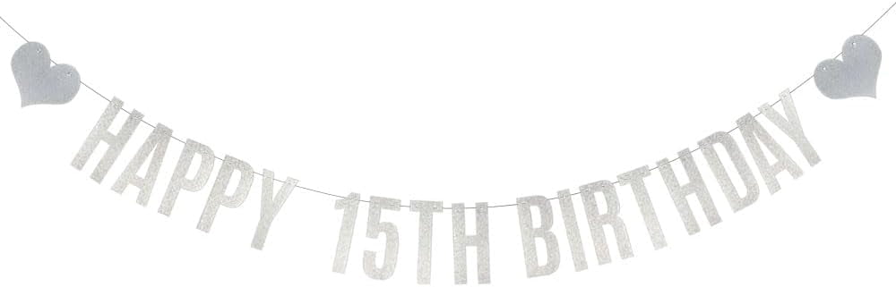 Happy 15th Birthday Banner, ,Silver Glitter Paper Garlands Banner for ...