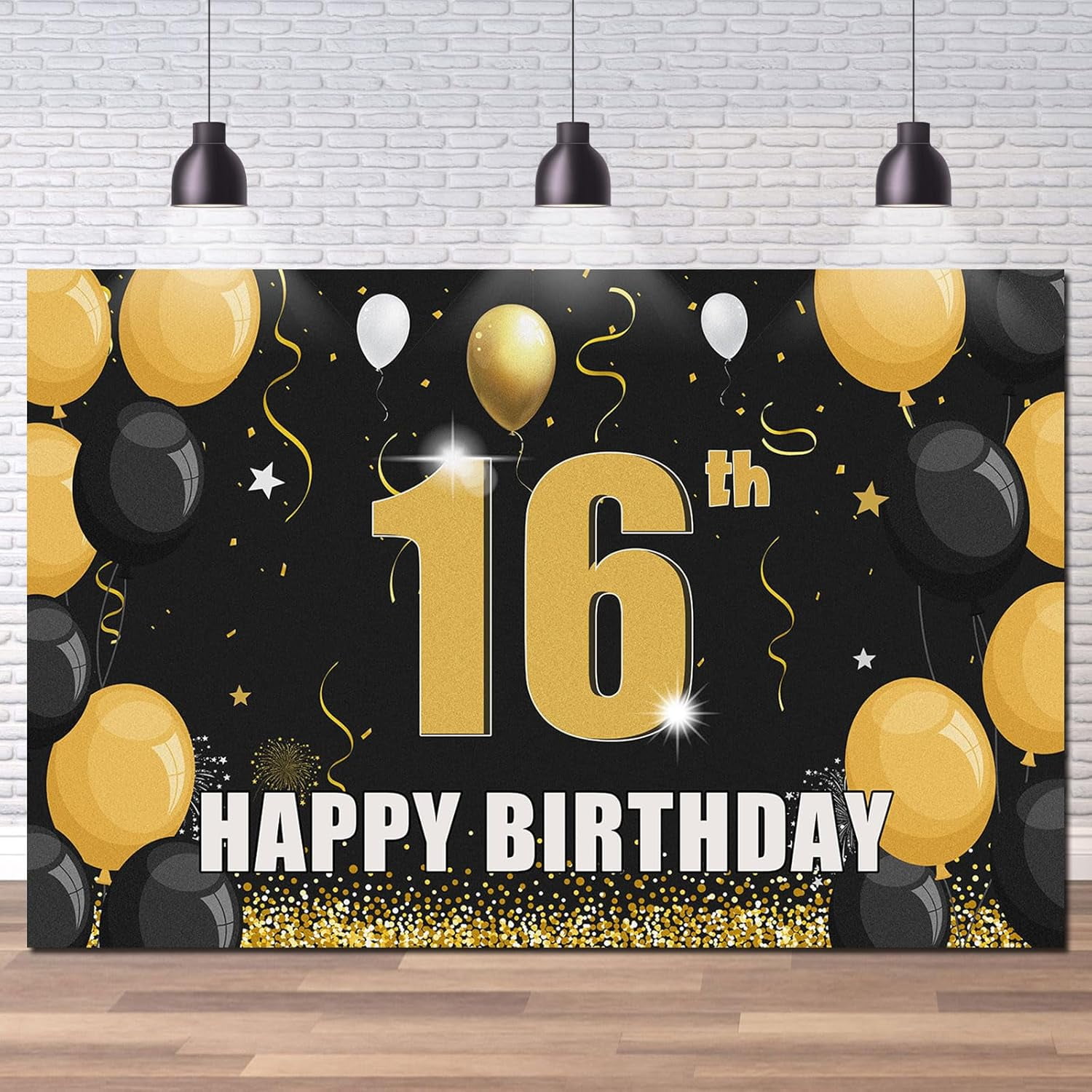 Happy 16th Birthday Backdrop Banner Black and Gold 16th Birthday Poster ...