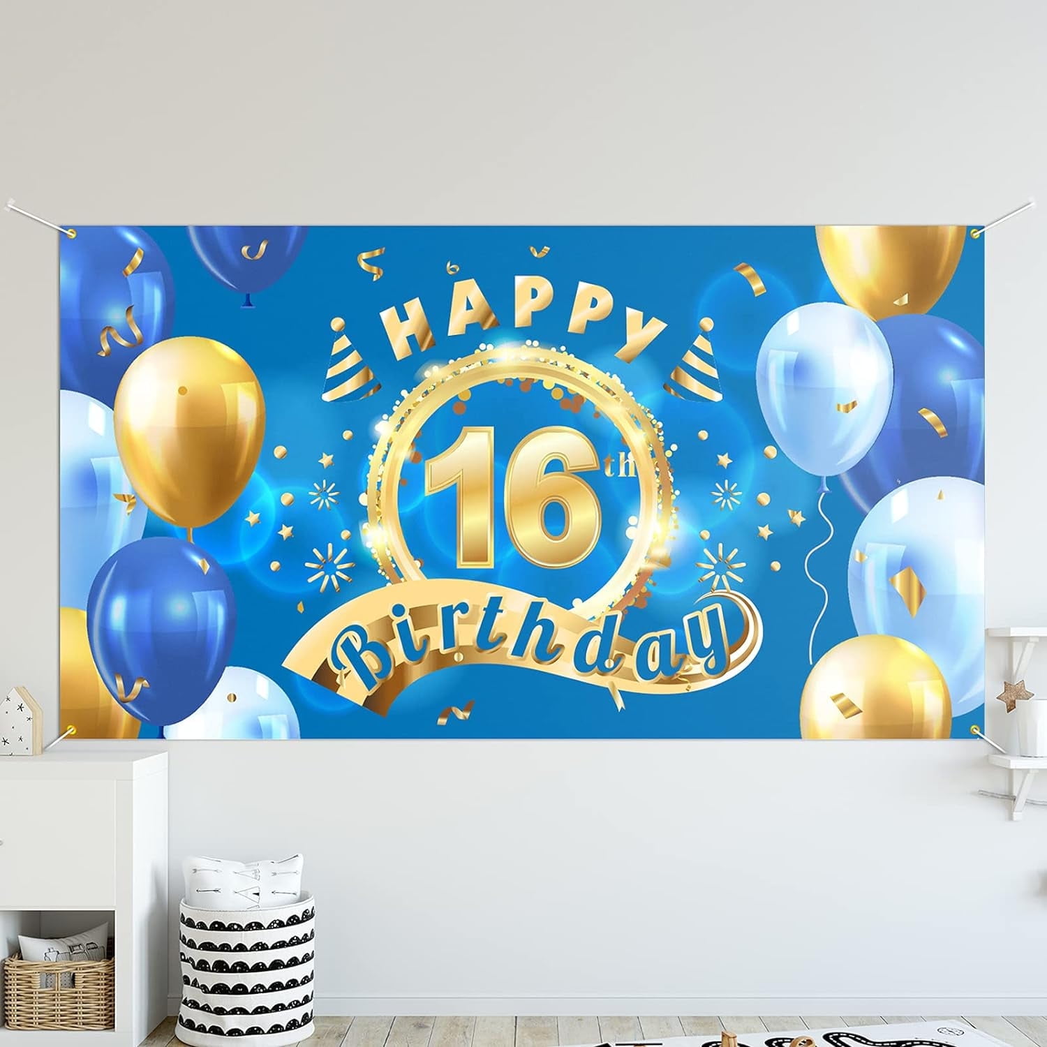 Happy 16th Birthday Backdrop Banner Decor Blue Cheers to 16 Years Old ...